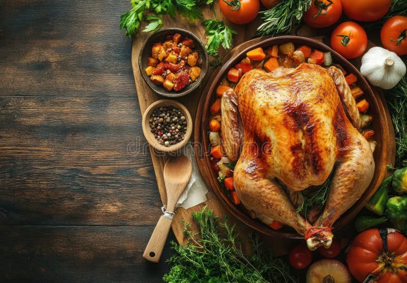 Whole Roasted Turkey with Vegetables and Utensils on Table, Top-down ...