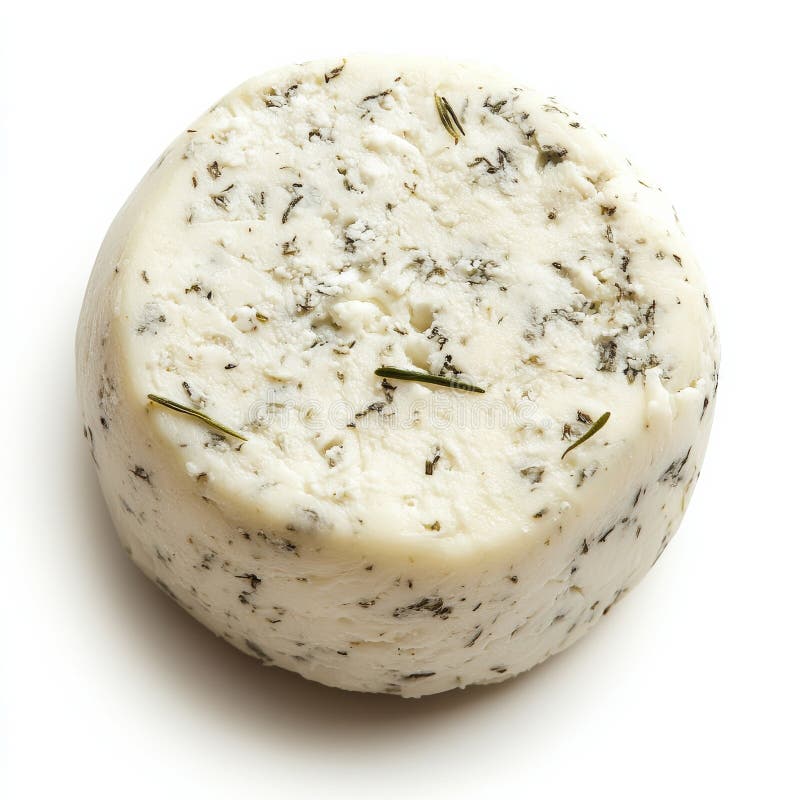 A Whole Round of Artisan Goat Cheese with Visible Herbs, Isolated on a ...