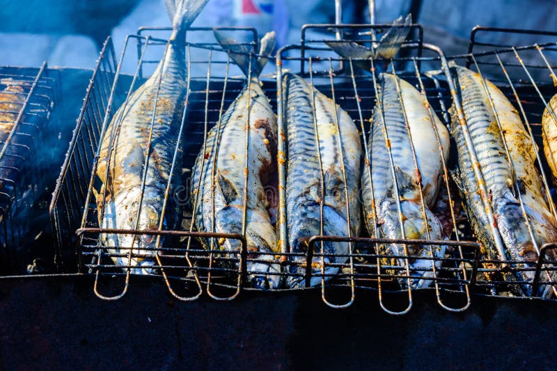 Whole Scomber Fish Cooking in a Metal Grate Grill Stock Image - Image ...
