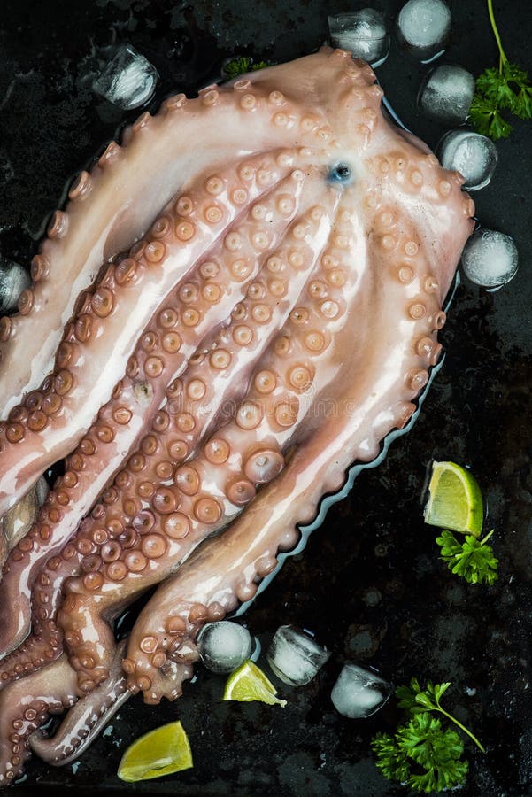 Whole Seafood Octopus with Ice and Lime Stock Image - Image of gourmet ...
