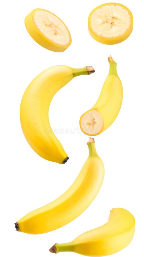 Whole and Sliced Bananas Falling Against a Transparent Background ...