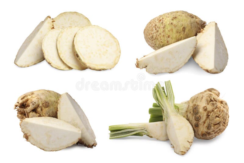 Whole and Sliced Celery Roots Isolated on White, Collage Design Stock ...