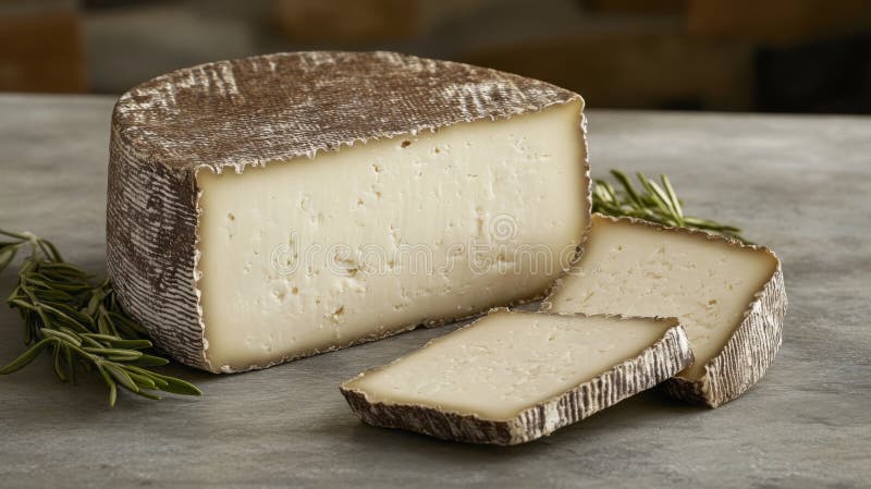 Whole and Sliced Cheese Wheel with Rosemary Sprigs Stock Illustration ...