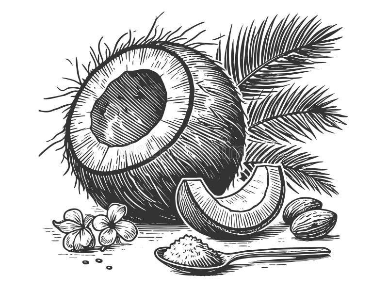 Whole and Sliced Coconuts Engraving Vector Stock Illustration ...