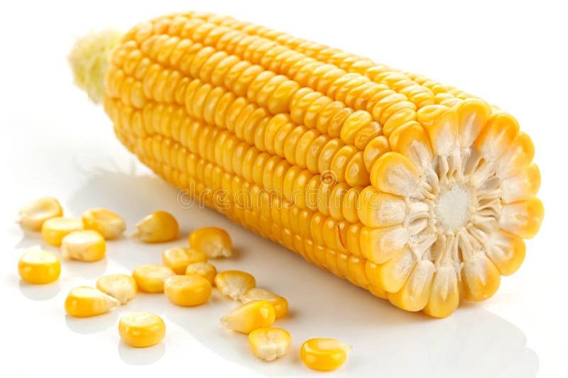 Whole and Sliced Corn Cob with Bright Yellow Kernels on White Surface ...