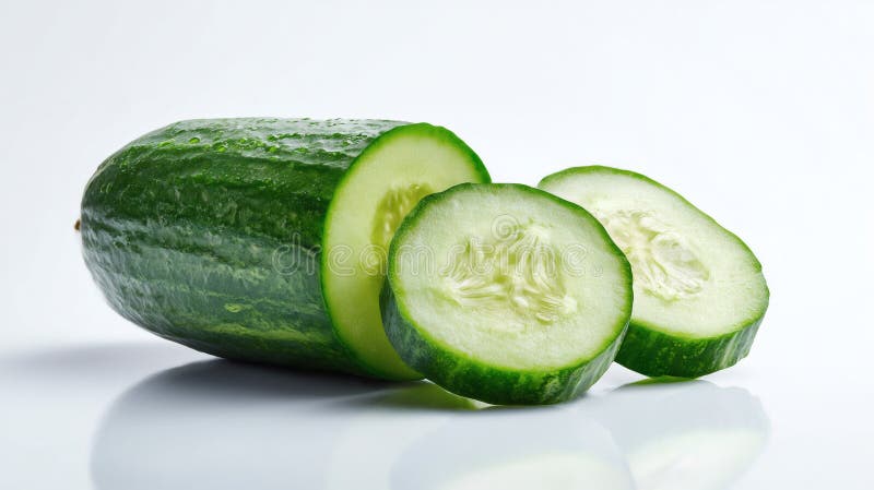 Whole and Sliced Cucumber on White Reflective Surface Stock ...