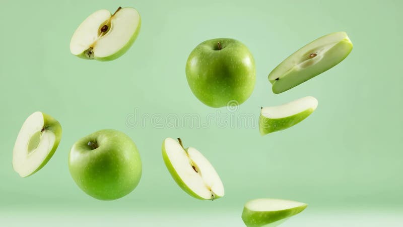 Green Apples and Slices Floating on Pastel Green Background Stock Video ...