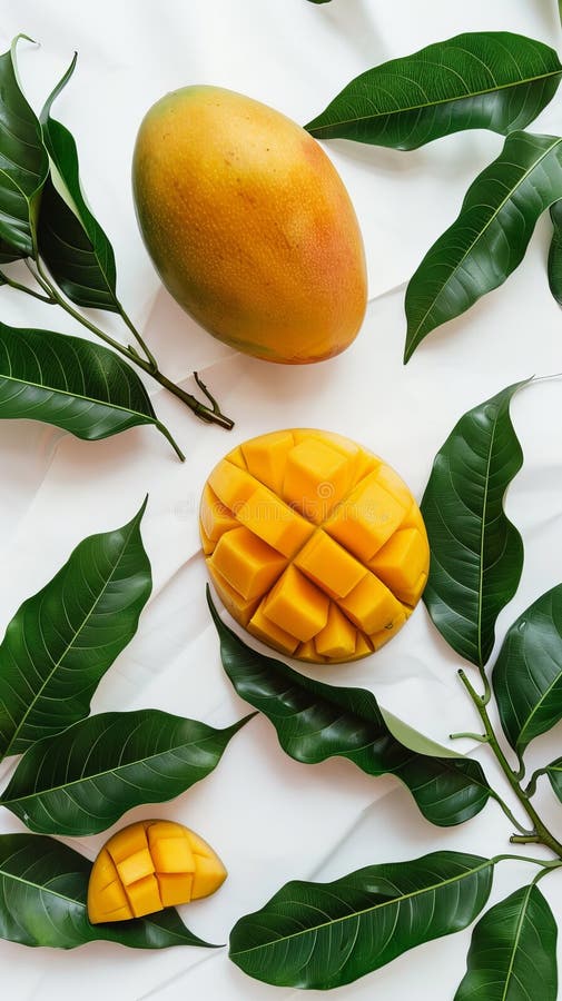 Whole and Sliced Mangoes with Green Leaves on White Background Stock ...
