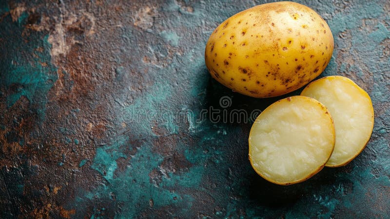Whole and Sliced Potato on Rustic Surface. Stock Photo - Image of diet ...
