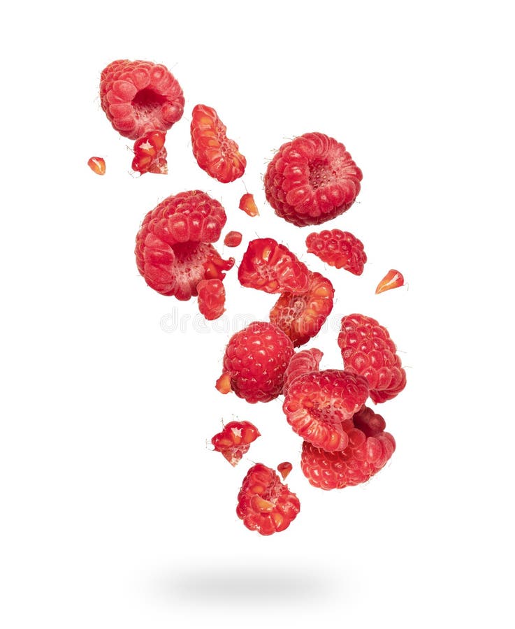 Half of a Cut Raspberry with a Splashes of Juice Isolated on a White ...