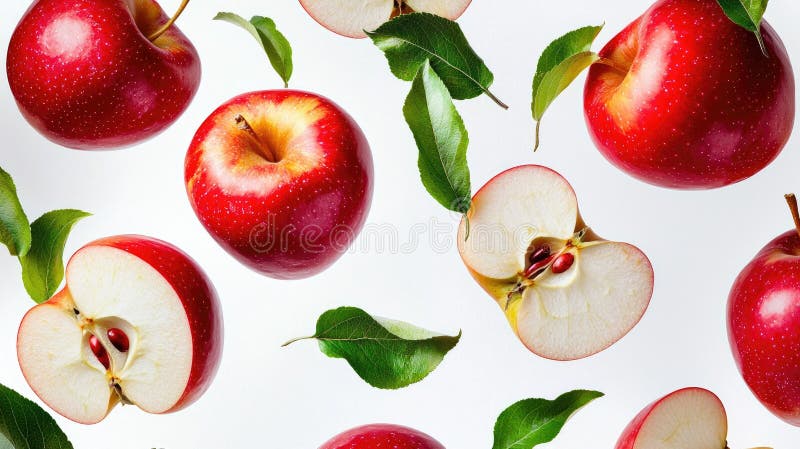 Red Apple Pattern with Leaves and Seeds on White Background Stock Image ...
