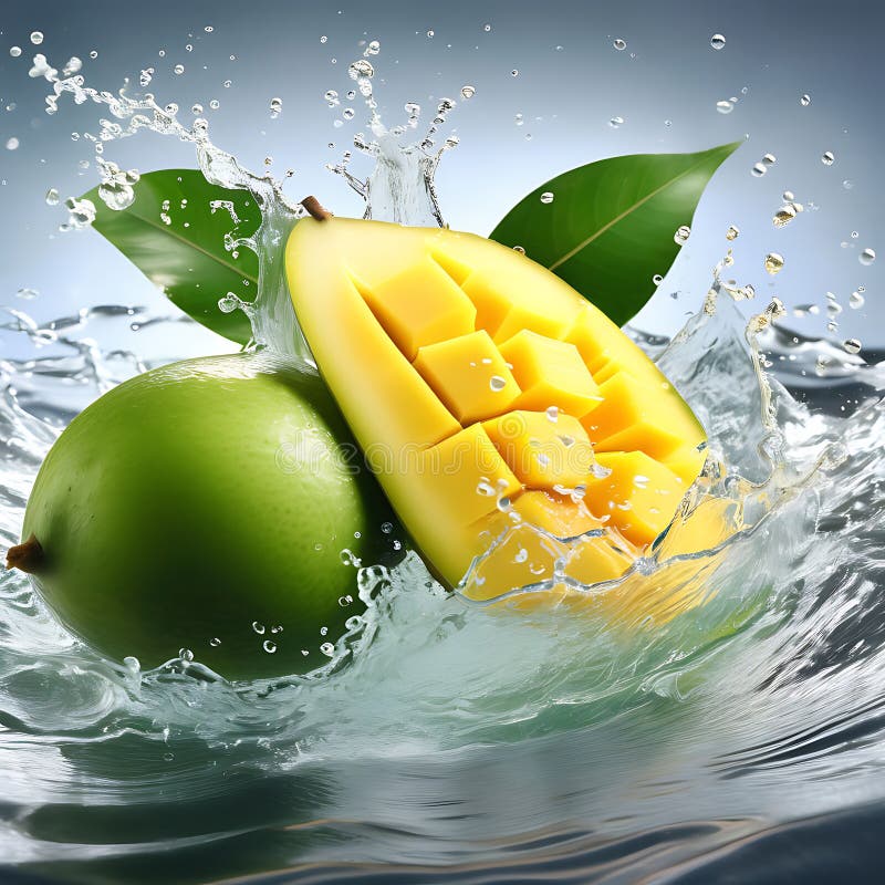 A Whole and Sliced Ripe Mango in Water Splash, Ai Generated. Stock ...