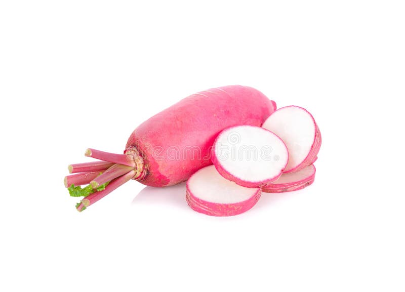 Whole and Sliced Uncooked Red Radish with Stem on White Background ...