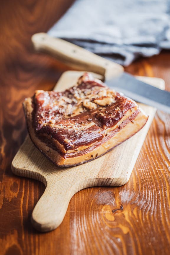 Whole Smoked Bacon on Cutting Board Stock Image - Image of eating ...