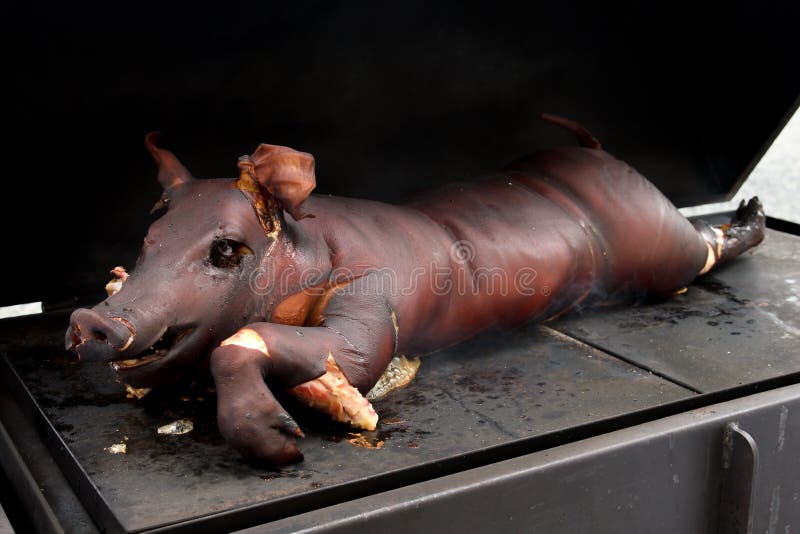 Whole Smoked Suckling Piglet on Hot Griddle. Stock Image - Image of ...