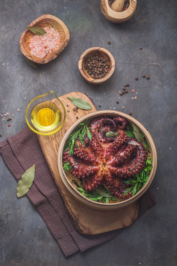 Whole Steamed Octopus with Parsley and Spices, Copy Space Stock Photo ...