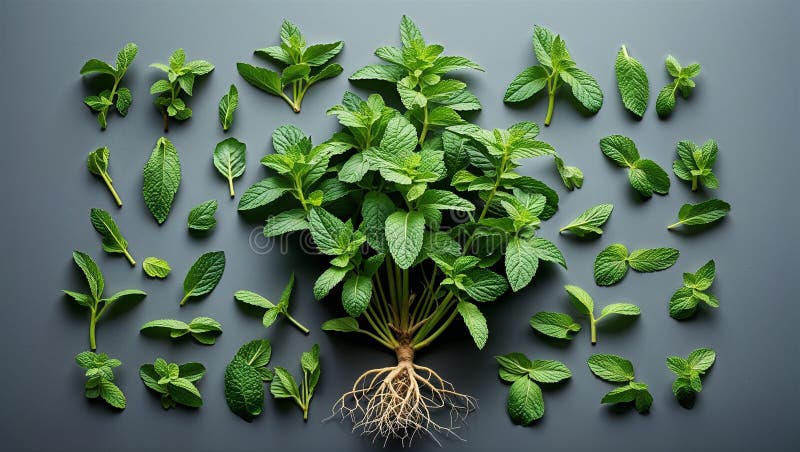 Whole Trimmed Jungle Mint Stalk with Dense Green Leaves and Root Node ...