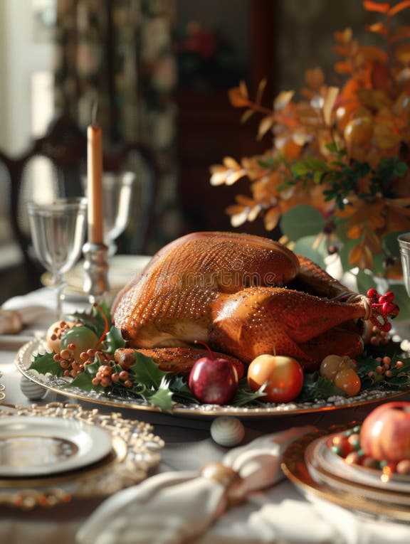 A Whole Turkey Sits on a Platter on a Table, Ready for Serving Stock ...