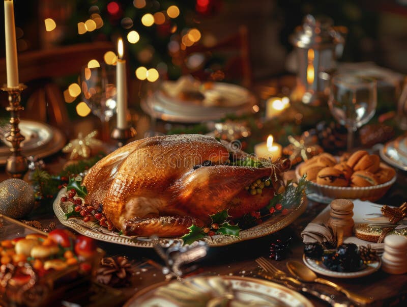 A Whole Turkey Sits on a Platter on a Wooden Table, Ready for Serving ...