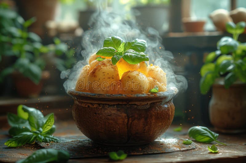 Whole Unpeeled Potatoes in a Clay Pot on the Table Stock Photo - Image ...