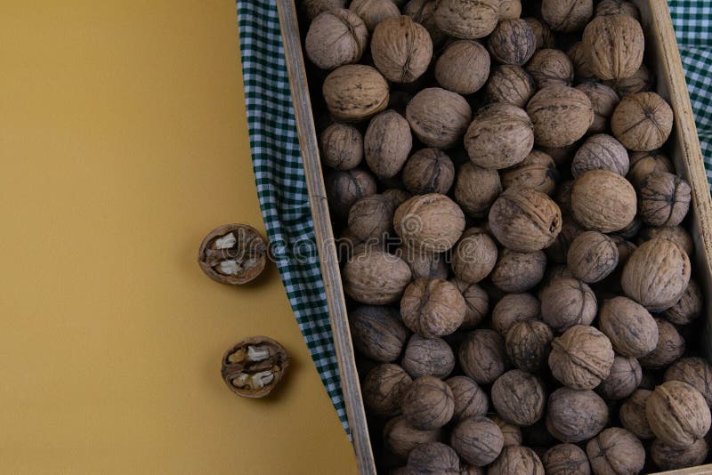 Whole Walnuts in Shells in a Box, Walnuts Kernels. Next To the Box is a ...