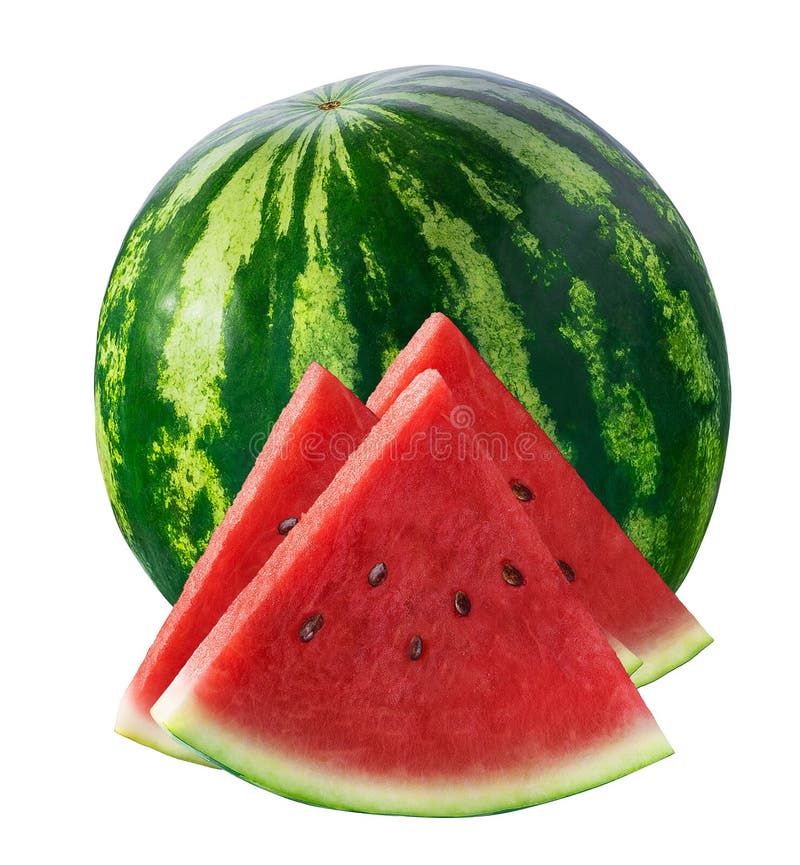 Whole Watermelon and Three Triangle Pieces Isolated on White Stock ...