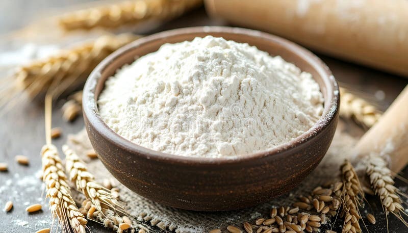 Whole Wheat Flour in Clay Bowl with Grains and Rolling Pin â€“ Rustic ...