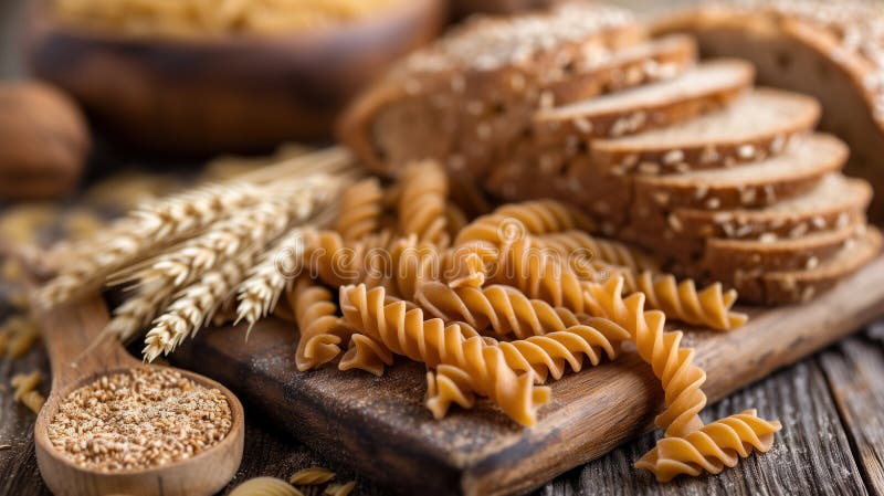 Whole Wheat Pasta and Sliced Bread on Rustic Wooden Board with Grains ...