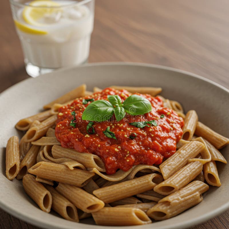 Whole Wheat Penne Pasta with Red Tomato Sauce and Fresh Basil Stock ...