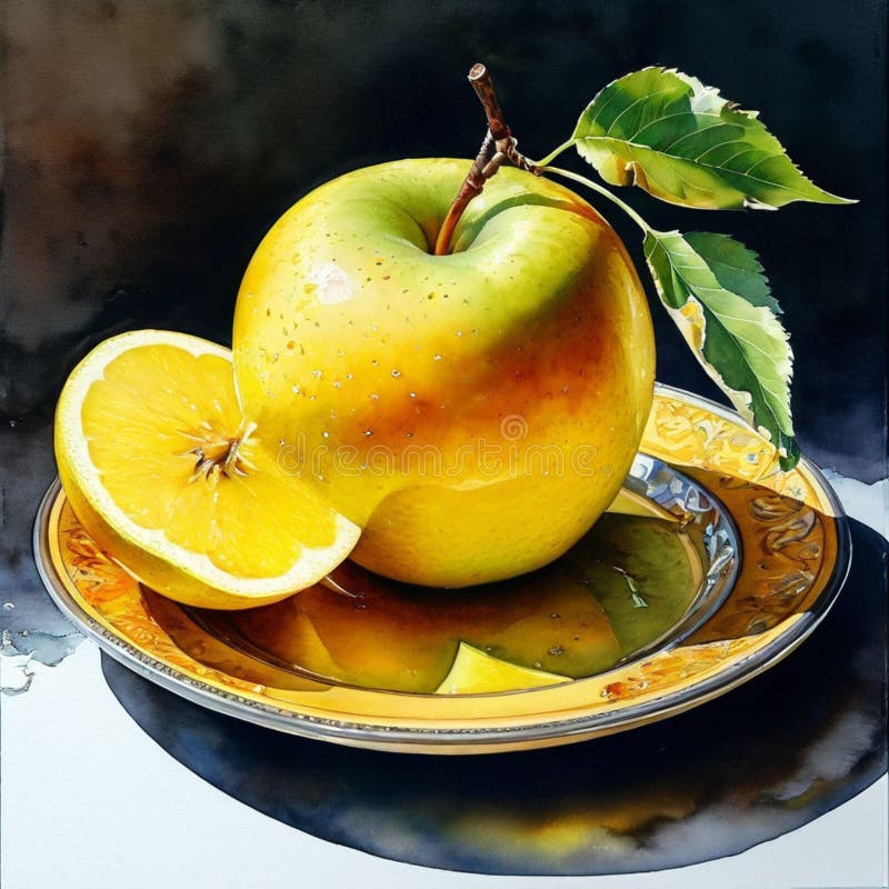 Whole Yellow Apple on a Plate Stock Photo - Image of leaf, natural ...