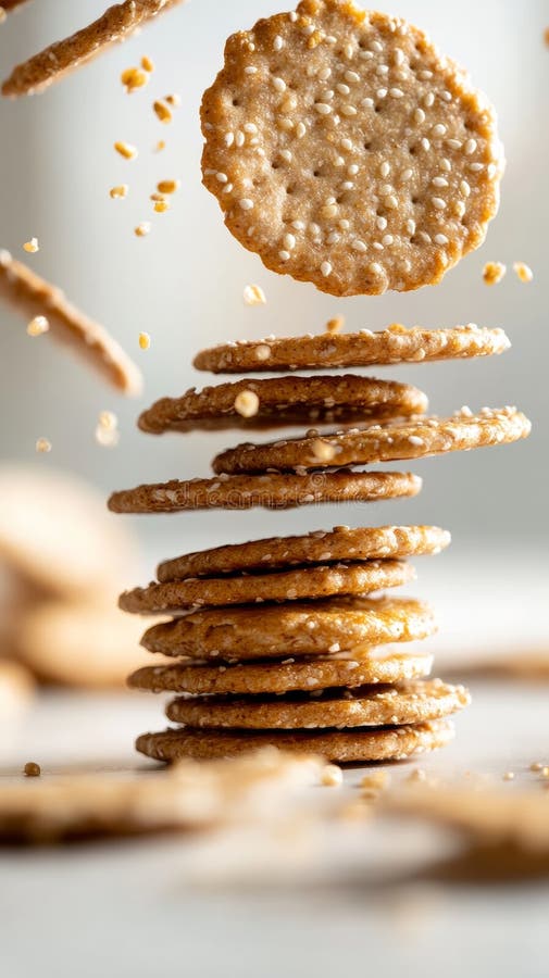 Wholegrain Seeded Crackers Falling from Above, Creating a Dynamic ...
