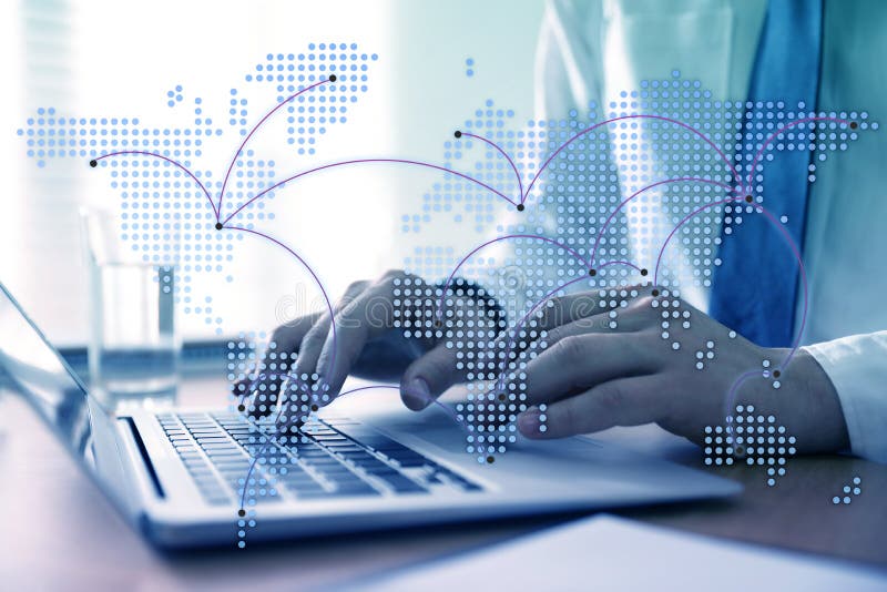 Wholesale and Logistics. Man Using Laptop in Office, World Map ...