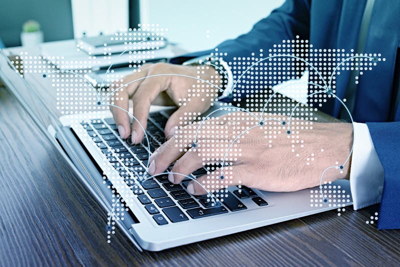 Wholesale and Logistics. Man Using Laptop in Office, World Map ...