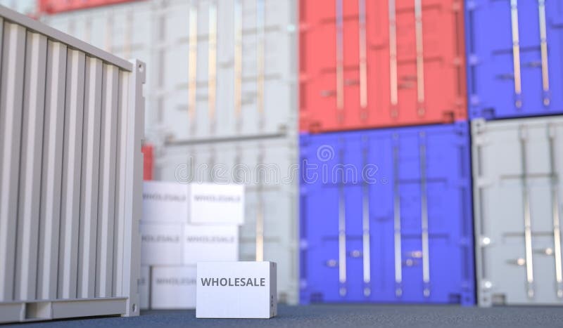 WHOLESALE Text on the Cardboard Box and Cargo Terminal Full of ...