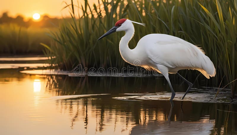 Whooping Crane in the Marshland at Twilight Stock Illustration ...