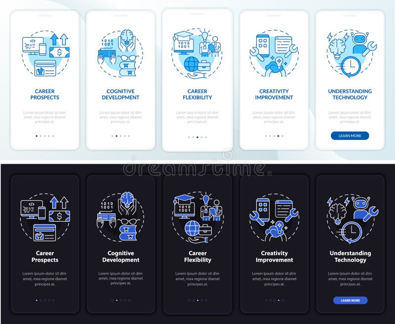 Why To Learn To Code Night and Day Mode Onboarding Mobile App Screen ...