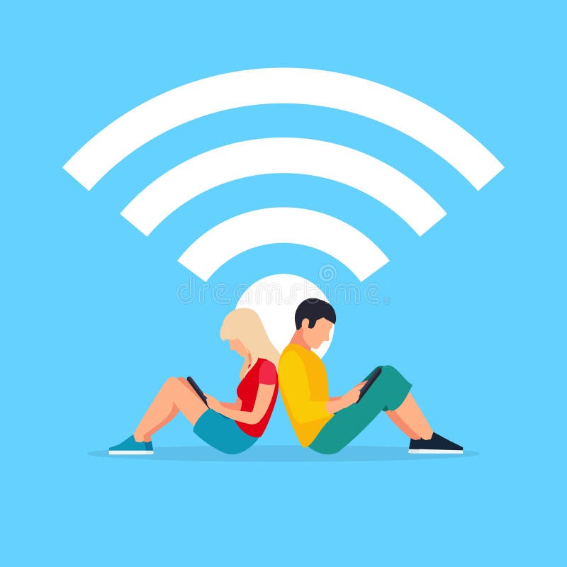 Wi-Fi Concept. Couple Young People Sit Back To Back and Read Stock ...