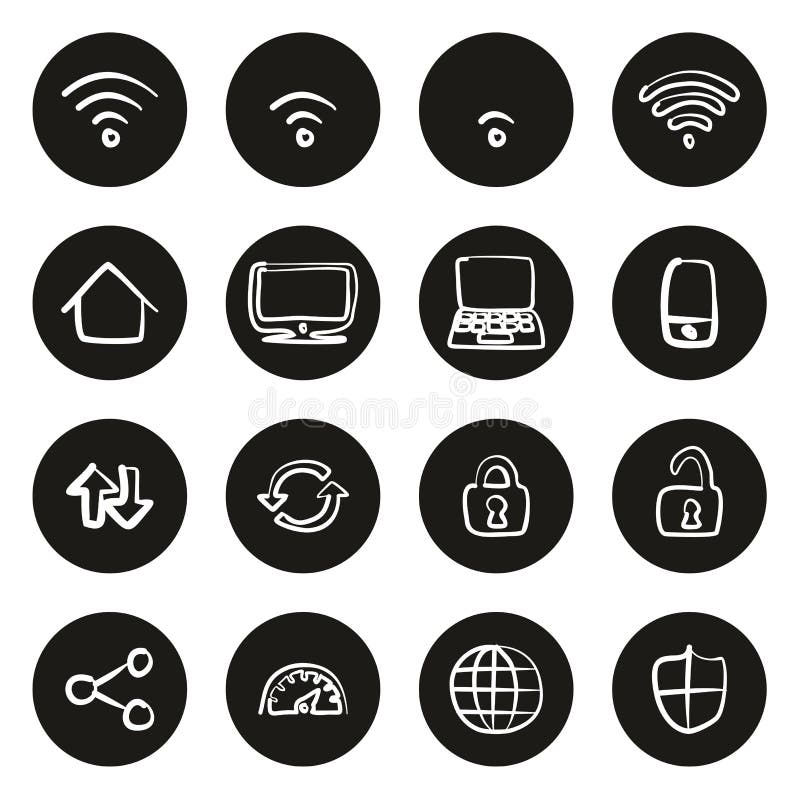 Wi Fi Connection Icons Freehand White on Black Circle Stock Vector ...
