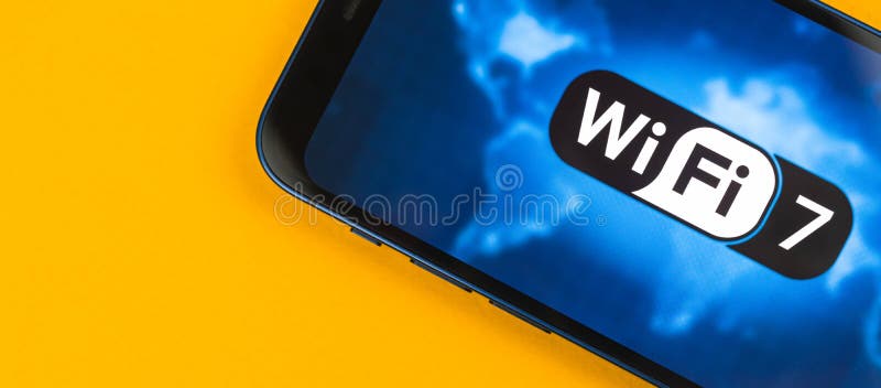 Wi-Fi 7 Generation Background. Modern Mobile Phone with Supporting New ...