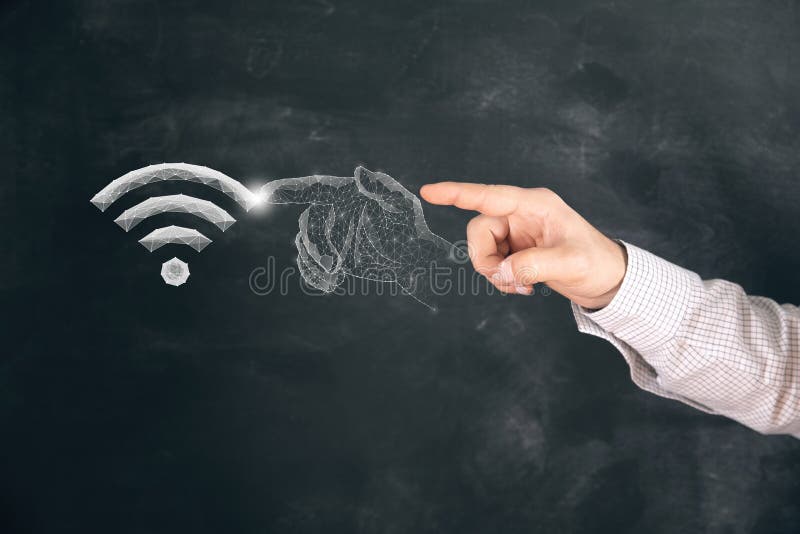 Wi-Fi and Hands from the Network. Man Tapping on the Screen Stock Image ...