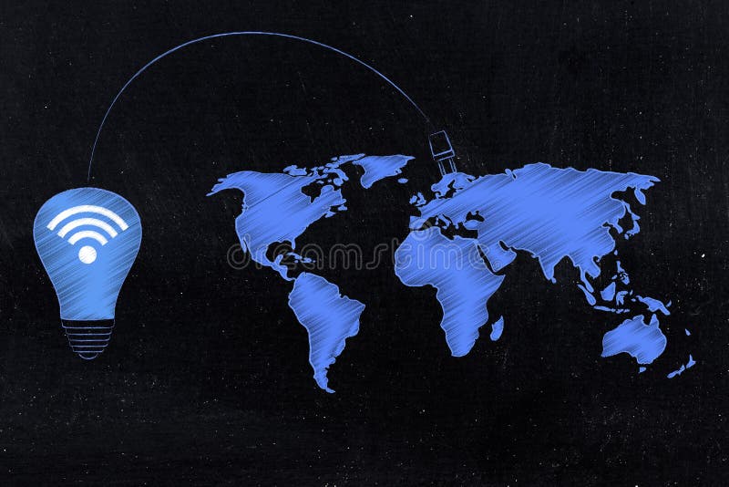 Wi-fi Lightbulb Plugged into World Map Stock Illustration ...
