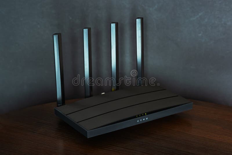 Wi-Fi Router on Black Wooden Table in Room Stock Image - Image of ...
