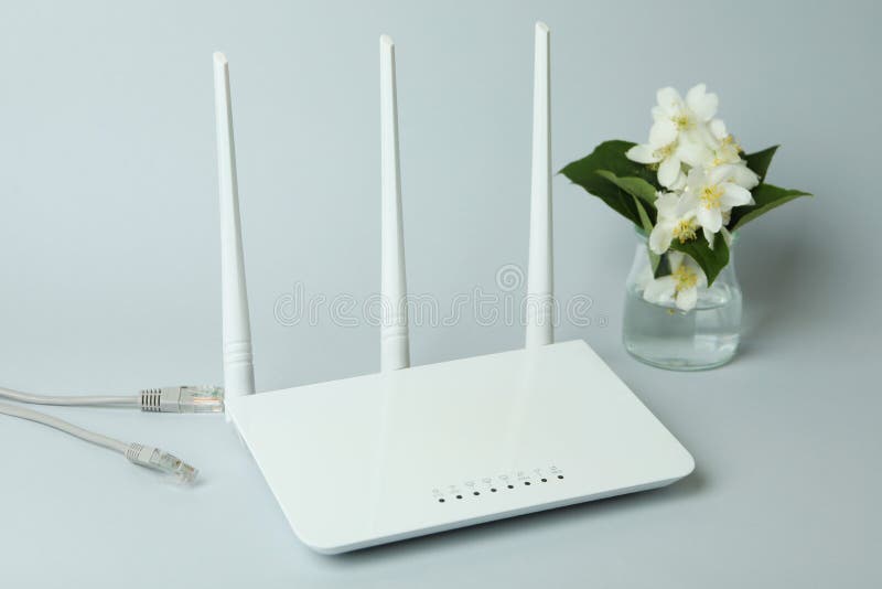 Wi - Fi Router on Gray Wooden Table, Close Stock Image - Image of ...