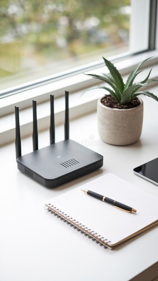 Wi Fi Router with Four Antennas, Potted Plant, and Notebook Create ...