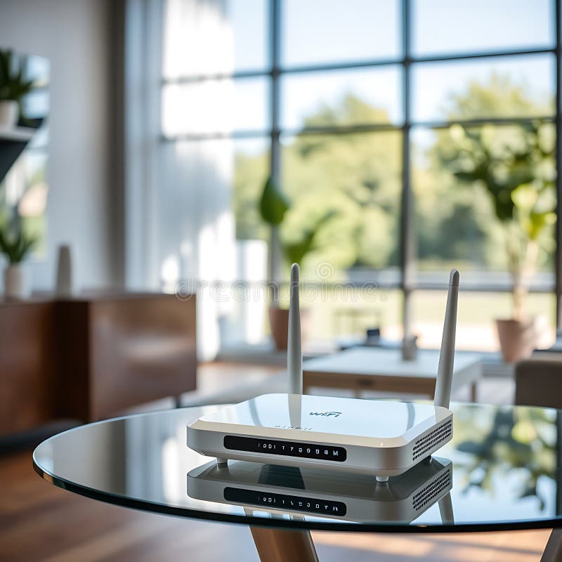 A Wi Fi Router on a Glass Table with a Clean Modern Interior and Bright ...
