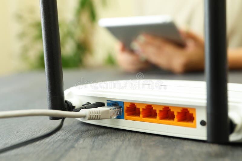 Wi - Fi Router on Gray Wooden Table, Close Stock Image - Image of ...