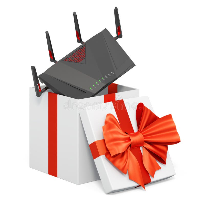 Wi-Fi 6 Router Inside Gift Box, Present Concept. 3D Rendering Stock ...