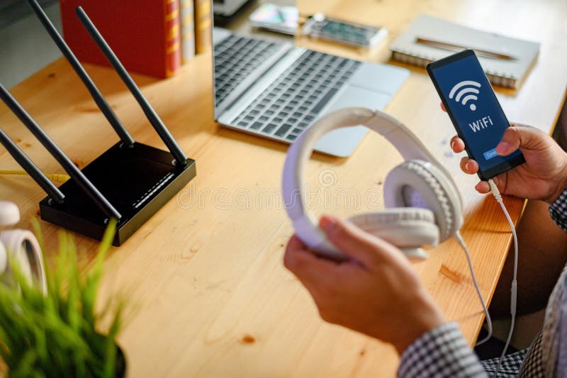 Wi-Fi Wireless Router on Wooden Table Stock Photo - Image of message ...