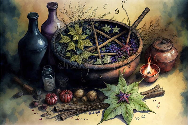 Wiccan Magic, Wicca Magic Books and Witchcraft Staff Still Life. Witch ...