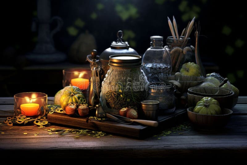 Wicked Witchs Potion Table Table Adorned with Stock Illustration ...